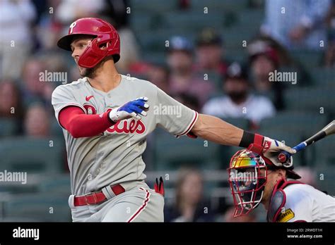 Philadelphia Phillies Trea Turner Follows Through On A Single In The First Inning Of A Baseball