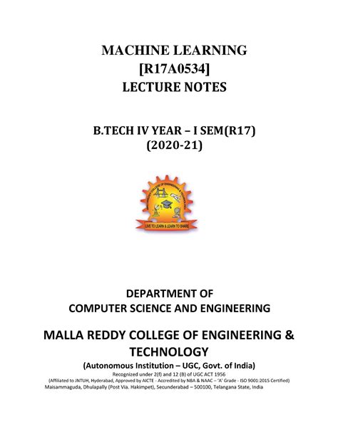 Machine Learningr17a0534 Machine Learning R17a0534 Lecture Notes B Iv Year I Semr17
