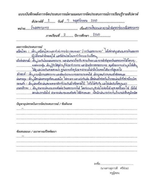 ตัวอย่างการบันทึกหลังแผนการจัดการเรียนรู้ หลังแผนของประเด็นท้าทายใน Pa