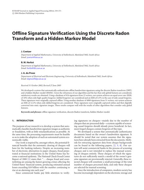 Pdf Offline Signature Verification Using The Discrete Radon Transform And A Hidden Markov Model
