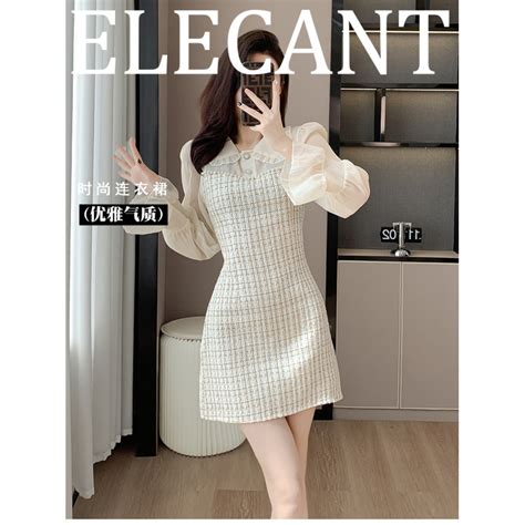 여성스런 트위드 긴팔 원피스 우아한 격자무늬 피터팬카라넥 긴소매 패치워크 슬림핏 미니 드레스 첫출근룩 오피스룩 데이트룩 소개팅룩 격식룩