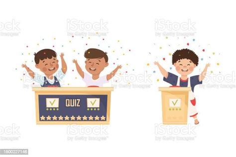 퀴즈 게임을하는 어린이 또는 마인드 스포츠를 눌러 버튼에 서서 질문 벡터 세트에 응답합니다 개체 그룹에 대한 스톡 벡터 아트 및