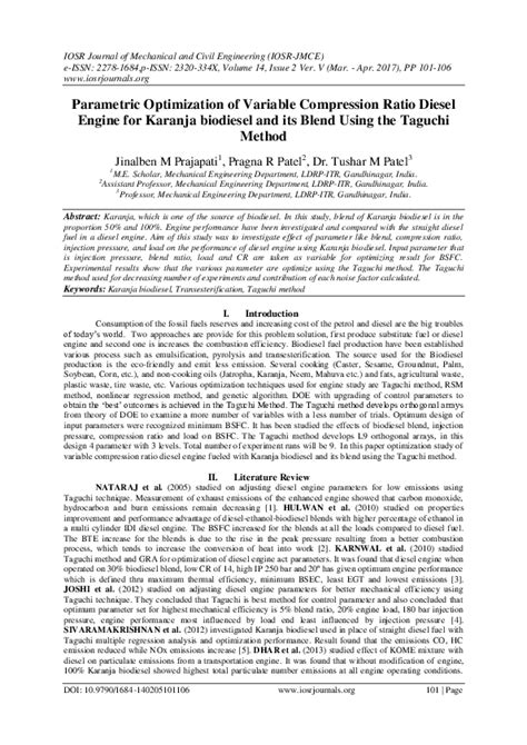 Pdf Parametric Optimization Of Variable Compression Ratio Diesel Engine For Karanja Biodiesel