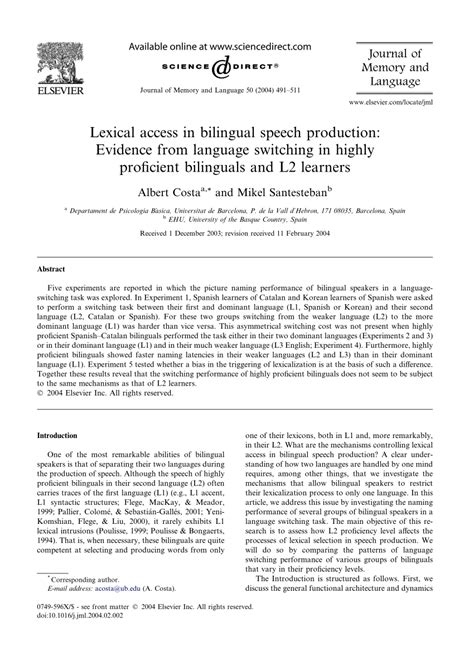 Pdf Lexical Access In Bilingual Speech Production Evidence From Language Switching In Highly