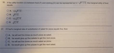 Solved 36 If The Utility Function U Between Food F And