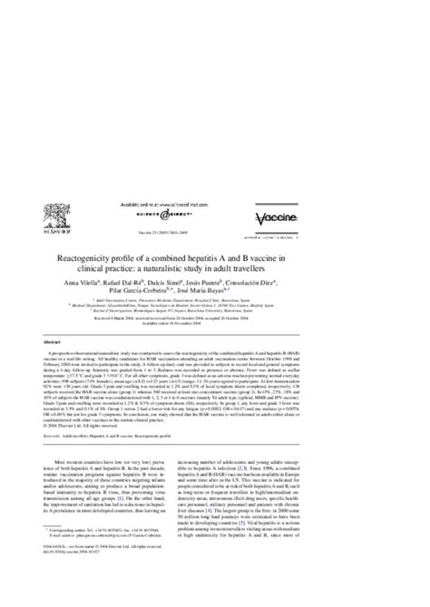 Pdf Reactogenicity Profile Of A Combined Hepatitis A And B Vaccine In Clinical Practice A