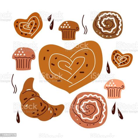 세트 메뉴 베이커리 디저트 제품 낙서 스케치 손으로 그린 스타일 컵 케이크 크로와상 롤빵 메뉴 배너에 대한 벡터 요소 가정 주방에 대한 스톡 벡터 아트 및 기타 이미지