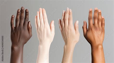Hands Of Different People Of Diverse Race Skin Color Gender Raising Over Grey Background
