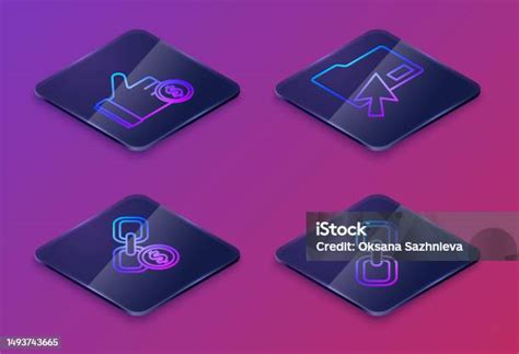 아이소메트릭 라인 핸드 홀딩 코인 체인 링크 및 코인 커서 클릭 문서 폴더 및 체인 링크를 설정합니다 파란색 사각형 버튼입니다 벡터 3차원 형태에 대한 스톡 벡터 아트 및