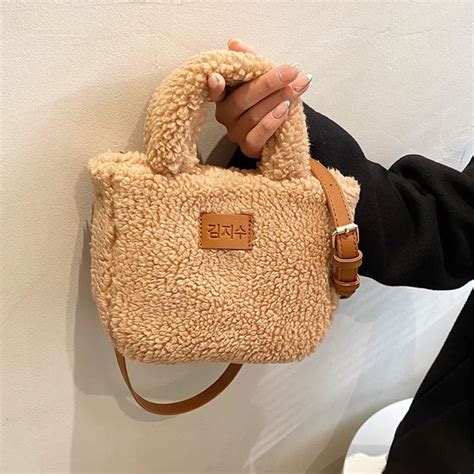 Tlxt Faux Lamb Wool Womens Small Bucket Bag Soft From Jiuyunstore