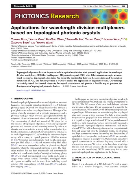 Pdf Applications For Wavelength Division Multiplexer Based On Topological Photonic Crystals