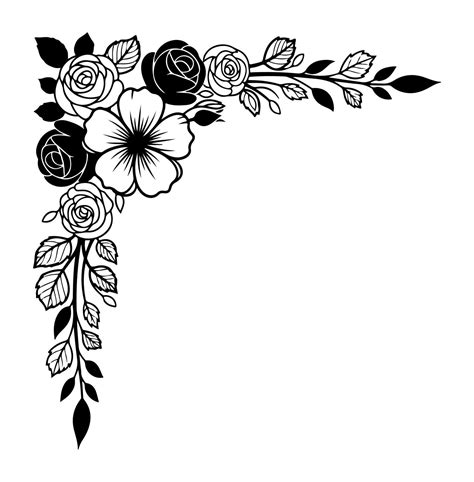 Black And White Floral Corner Design Roses Leaves And A Large Flower