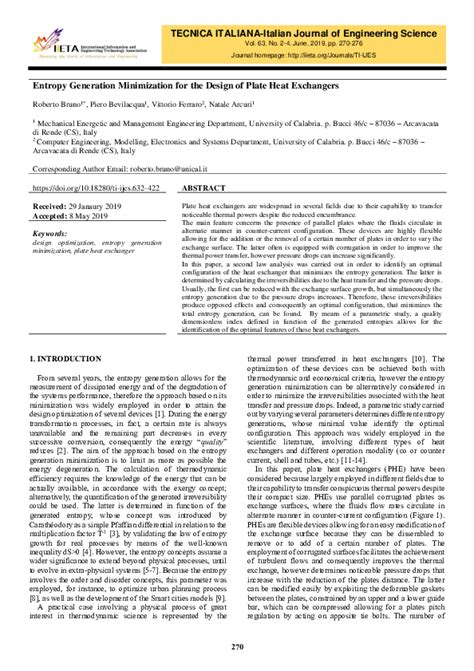 Pdf Entropy Generation Minimization For The Design Of Plate Heat