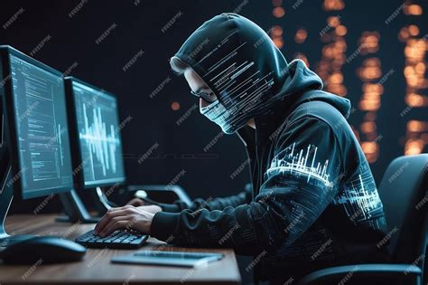 Premium Photo Side View Of Hacker Using Computers At Desk With Creative Digital Programming