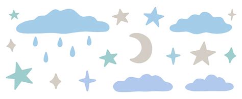 자연의 요소 집합 구름 별 흰색 배경에 고립 된 초승달 플랫 스타일의 벡터 손으로 그린 그림 장식 로고 다양한 디자인에 적합합니다 0명에 대한 스톡 벡터 아트 및 기타