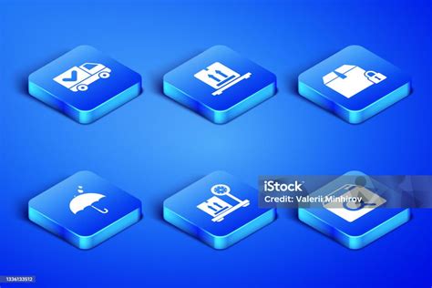 검색 패키지 확인 마크가있는 배달 트럭 스케일 골판지 상자 우산 및 비 방울 팔레트및 잠긴 아이콘의 골판지 상자를 설정합니다