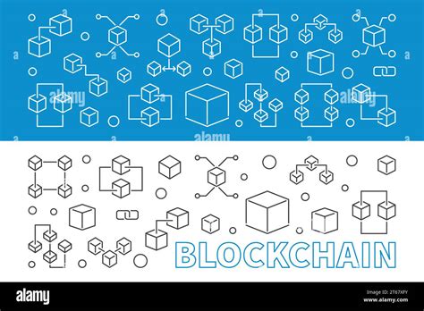 2 Blockchain Concept Banners Or Backgrounds In Thin Line Style Block
