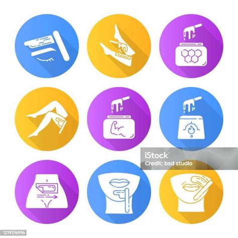 왁 싱 플랫 디자인 긴 그림자 문 고 아이콘 세트 신 다리 윗입술 턱 제모 주걱과 항아리에 차가운 뜨거운 왁스 제모 장비 전문 뷰티 트리트먼트 화장품 벡터 실루엣