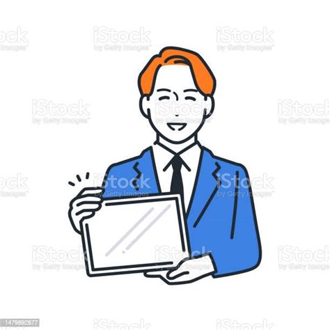 태블릿 단말기로 설명하는 젊은 사업가의 간단한 벡터 삽화 자료 20 29세에 대한 스톡 벡터 아트 및 기타 이미지 20 29세 30 39세 계획 Istock