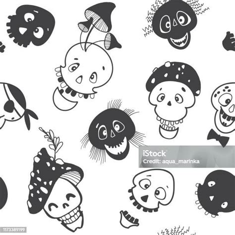 만화 두개골과 원활한 패턴 흑백 벡터 그림입니다 할로윈 장식 개체 그룹에 대한 스톡 벡터 아트 및 기타 이미지 개체 그룹 검은색 공휴일 Istock