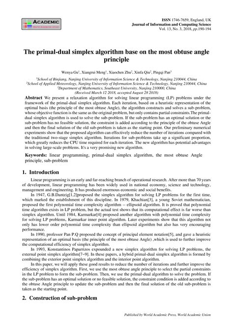 Global Science Press The Primal Dual Simplex Algorithm Base On The Most Obtuse Angle Principle