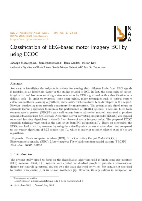 Pdf Classification Of Eeg Based Motor Imagery Bci By Using Ecoc