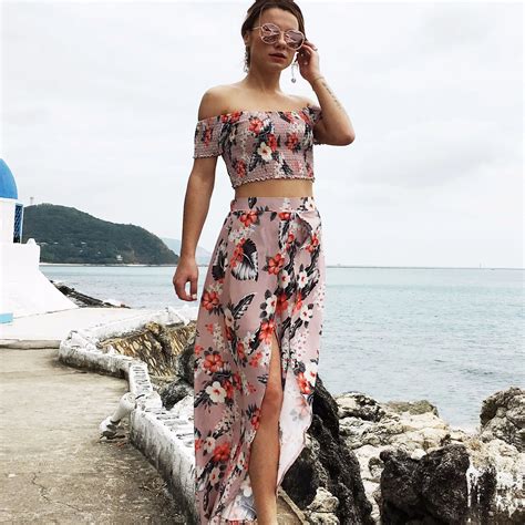Bohemian Two Piece Skirt And Top Slash Neck Two Piece Long Skirts Set