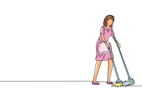 Continuous One Line Drawing Housekeeping Girl Worker With Broom Dustpan Woman Janitor