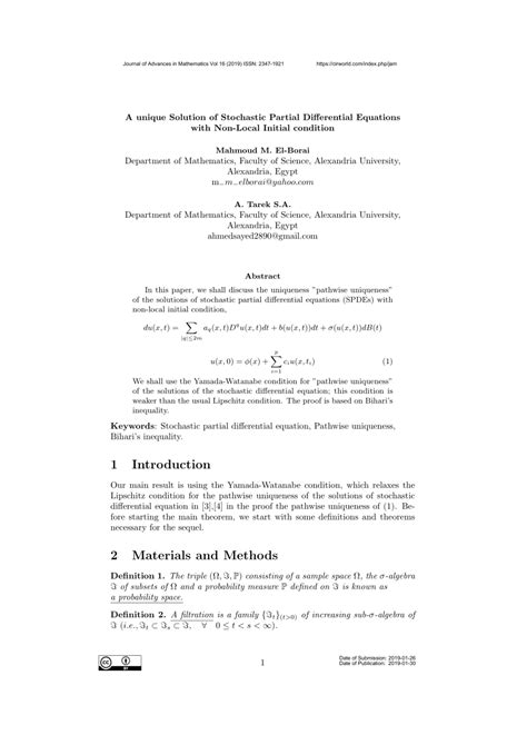 Pdf A Unique Solution Of Stochastic Partial Differential Equations With Non Local Initial