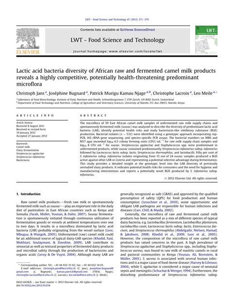 Pdf Lactic Acid Bacteria Diversity Of African Raw And Fermented Camel Milk Products Reveals A