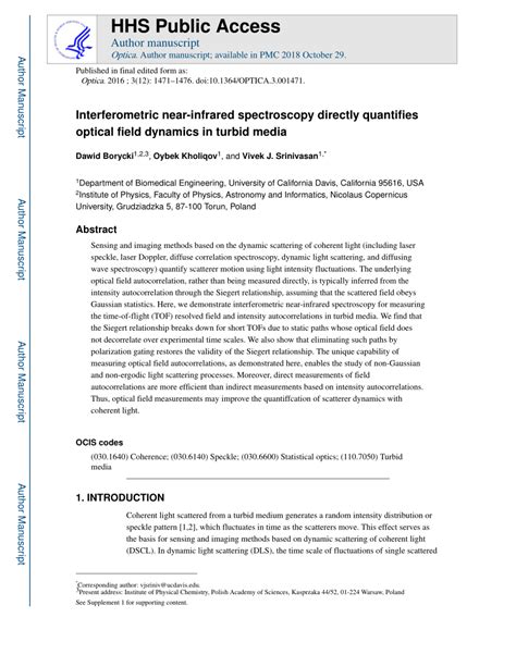 Pdf Interferometric Near Infrared Spectroscopy Directly Quantifies Optical Field Dynamics In