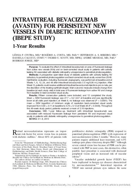 Pdf Intravitreal Bevacizumab Avastin For Persistent New Vessels In Diabetic Retinopathy