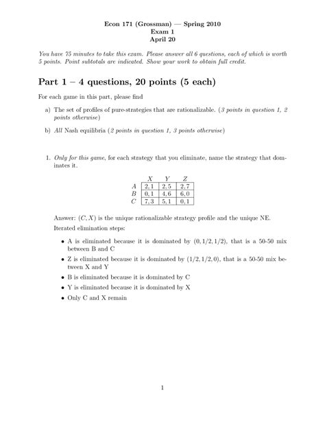 4 Questions For Exam 1 Introduction Game Theory Econ 171 Docsity