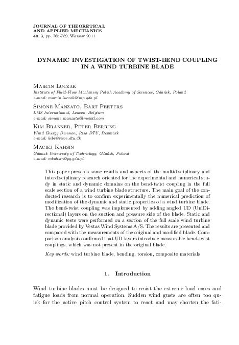 Pdf Dynamic Investigation Of Twist Bend Coupling In A Wind Turbine Blade