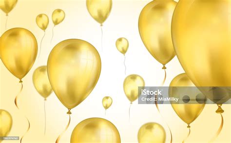 광택 골드 비행 헬륨 풍선 배경 흐림 효과 결혼식 생일 및 기념일 배경입니다 초대 카드 파티 브로셔 배너에 대 한 벡터 일러스트