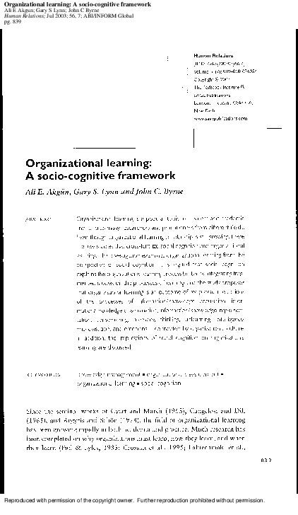 Pdf Organizational Learning A Socio Cognitive Framework