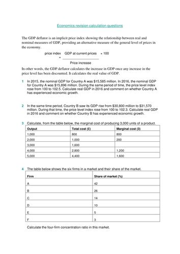 A Level Economics Calculation Revision Questions Teaching Resources