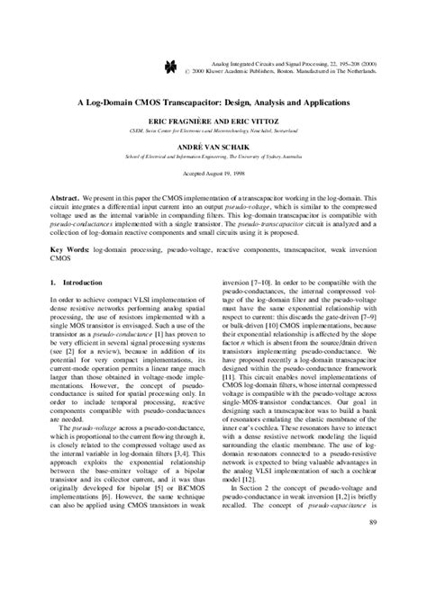 Pdf A Log Domain Cmos Transcapacitor Design Analysis And Applications