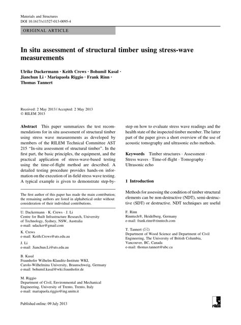Pdf In Situ Assessment Of Structural Timber Using Stress Wave Measurements