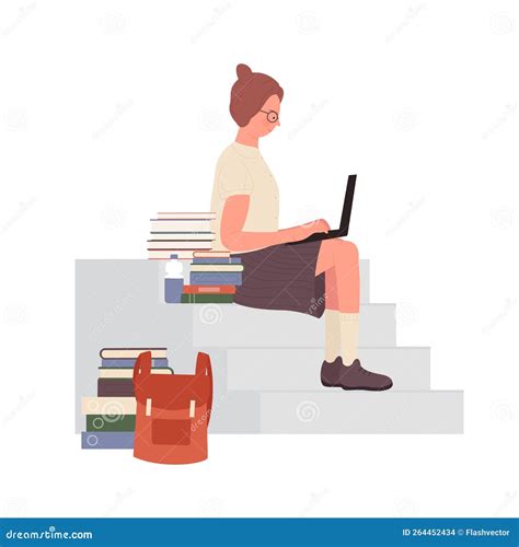Nerd Girl Sitting On Stairs Stock Vector Illustration Of Homework