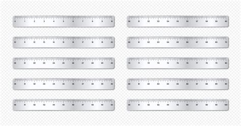 측정 스케일과 분할 측정 마크가있는 현실적인 다양한 반짝이는 금속 눈금자 학교 통치자 길이 측정을 위한 인치 눈금자 사무용품 벡터 그림 개념에 대한 스톡 벡터 아트 및 기타
