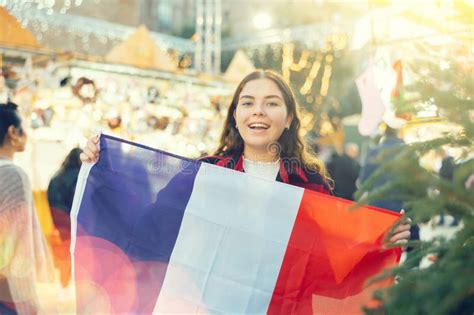 Girl Waving France Flag At Street New Year Fair Stock Image Image Of