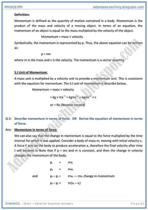 Adamjee Coaching Dynamics Short And Detailed Question Answers Physics 9th