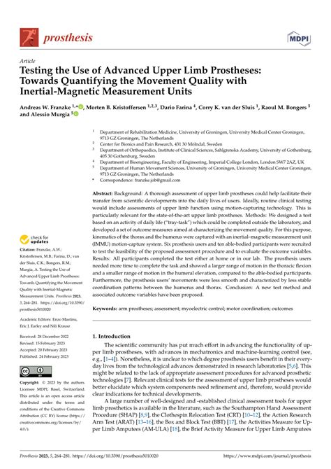 Pdf Testing The Use Of Advanced Upper Limb Prostheses Towards Quantifying The Movement