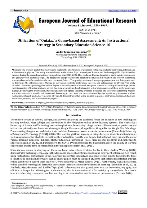 Pdf Utilization Of ‘quizizz A Game Based Assessment An Instructional Strategy In Secondary