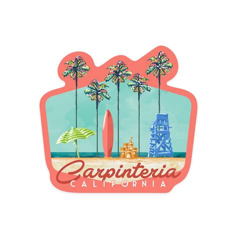 Die Cut Sticker Carpinteria California Tall Palms Beach Scene Blue