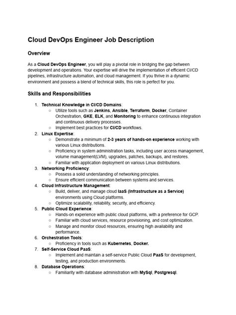 Cloud Devops Engineer Job Description Pdf Cloud Computing Computing