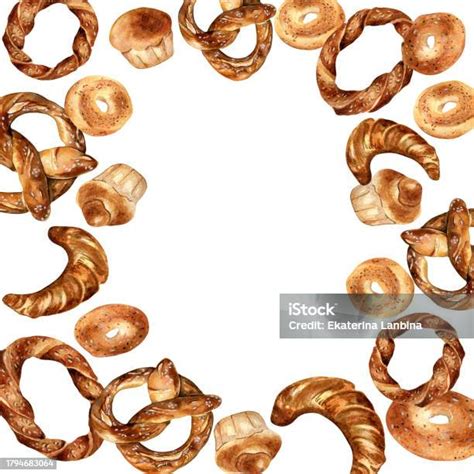 다양한 종류의 구운 식품의 프레임 흰색에 고립된 수채화 손으로 그린 Simit 빵집을위한 프레첼 그린 브리오슈 베이글 크로와상 빵의 그림입니다 빵집 식료품점을 위한 디자인