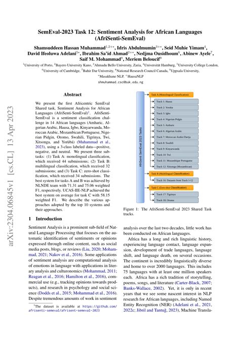 Pdf Semeval 2023 Task 12 Sentiment Analysis For African Languages Afrisenti Semeval