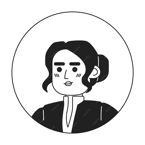 예쁜 인도 여성 단색 평면 선형 문자 머리 레이디 곱슬 앞머리와 롤빵 헤어스타일 편집 가능한 개요 손으로 그린 인간의 얼굴 아이콘 애니메이션에 대 한 2d 만화 자리 벡터